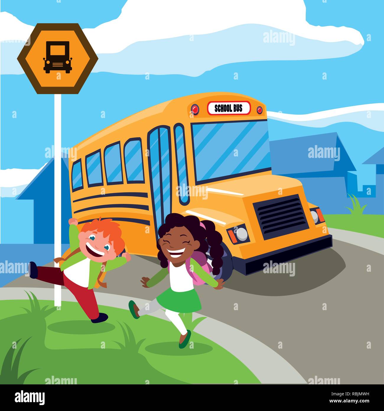 Happy student boys in the school bus stop scene vector Stock Vector ...