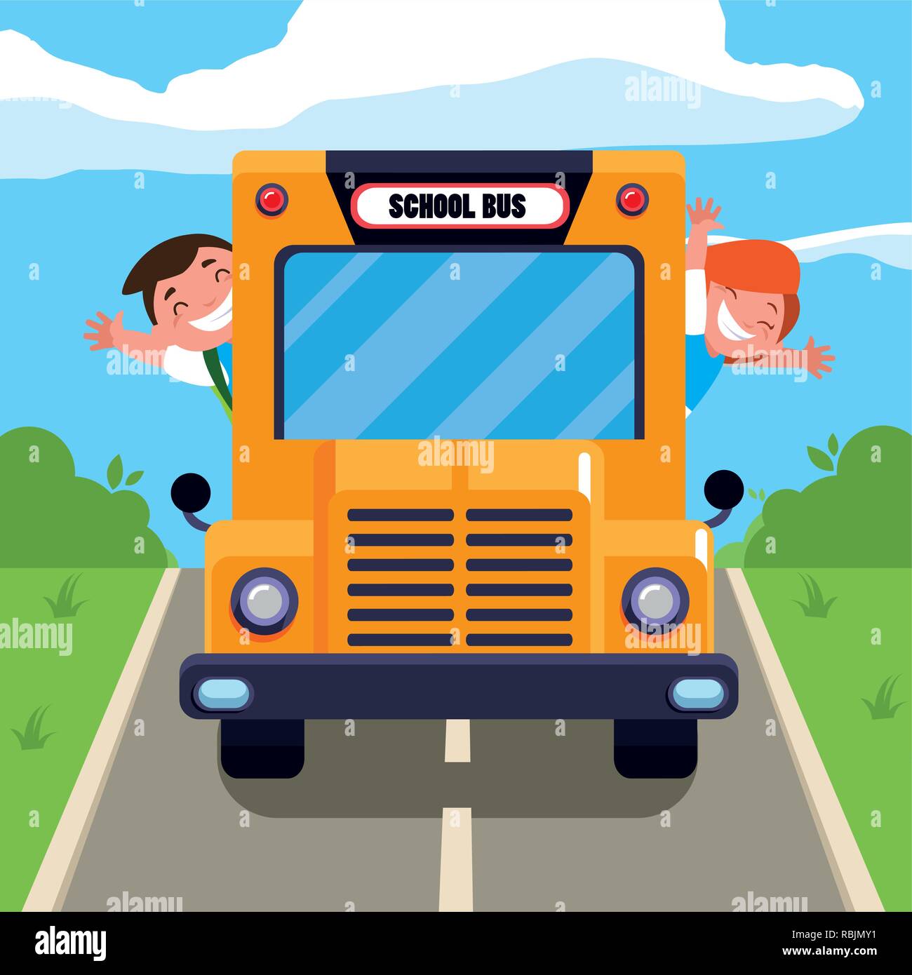 happy students kids in the school bus scene vector illustration design ...