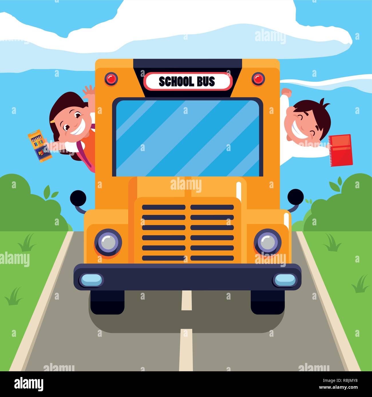 happy students kids in the school bus stop scene vector illustration ...
