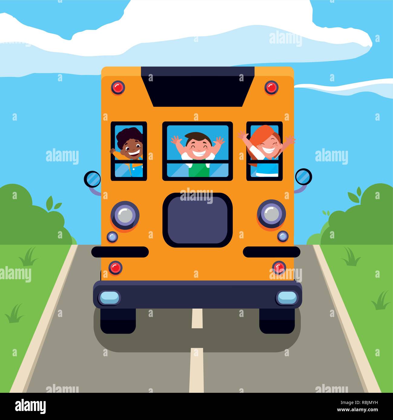 happy students kids in the school bus scene vector illustration design ...