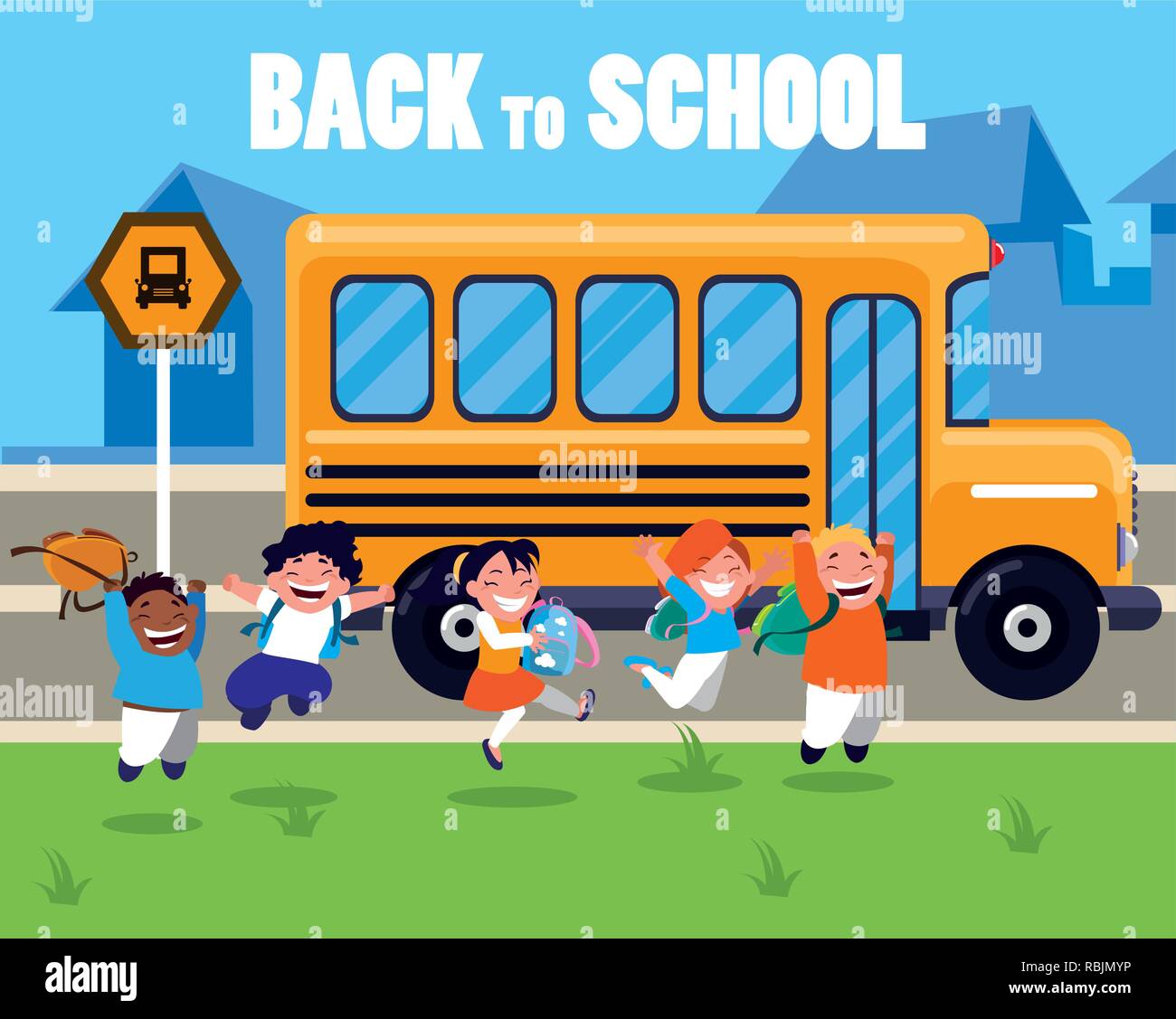 happy students kids in the school bus stop scene vector illustration ...