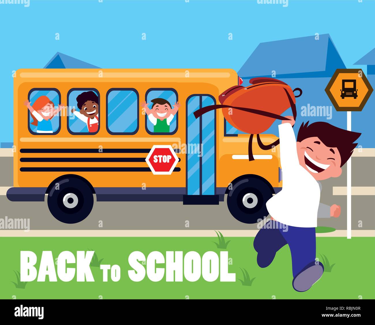 happy students kids in the school bus scene vector illustration design ...