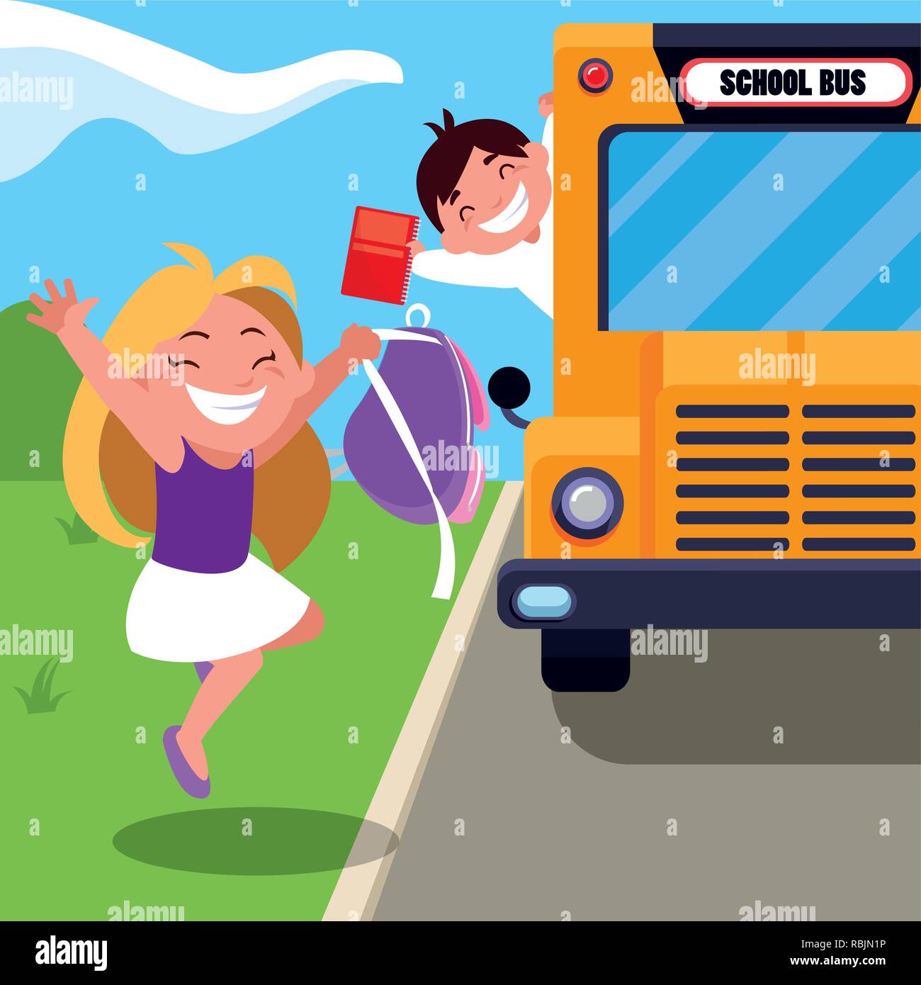 happy students kids in the school bus scene vector illustration design ...
