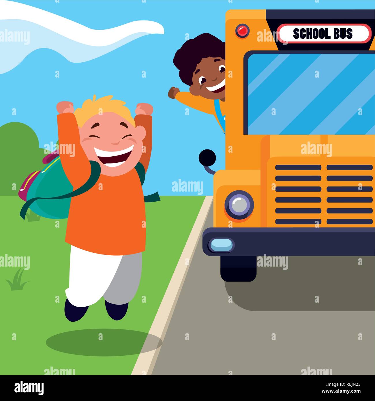 happy student boys in the school bus stop scene vector illustration ...