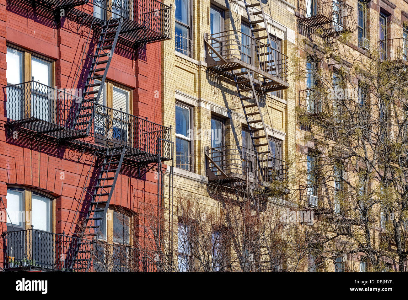 New-York building facades with fire escape stairs angle view Stock ...