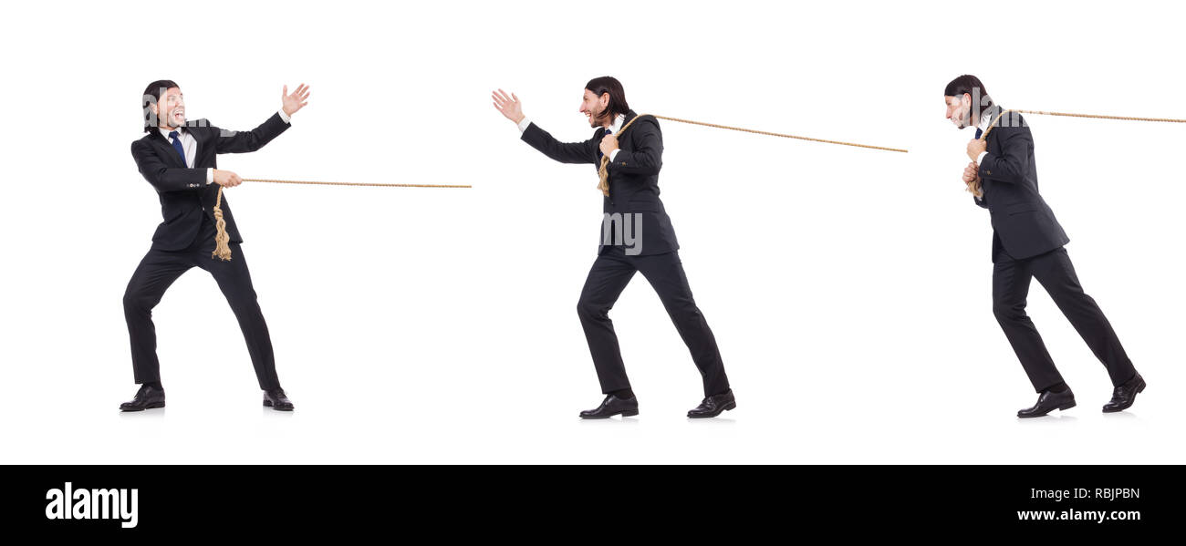 Young businessman pulling rope isolated on white Stock Photo - Alamy