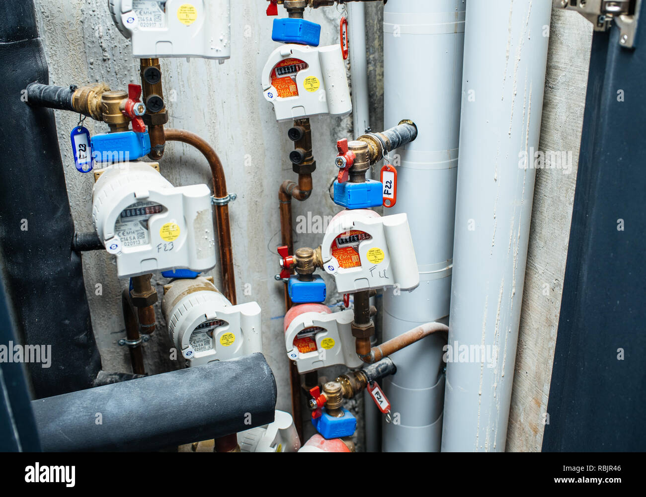 Paris, France - Dec 26, 2018: Industrial drawer with multiple water ...