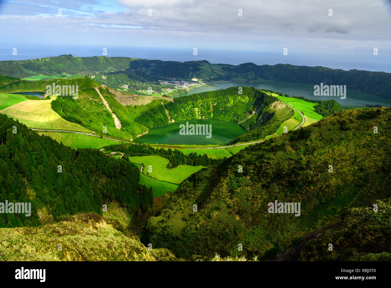 Azores, Portugal. Beautiful view of volcanic lake from the mountains on ...