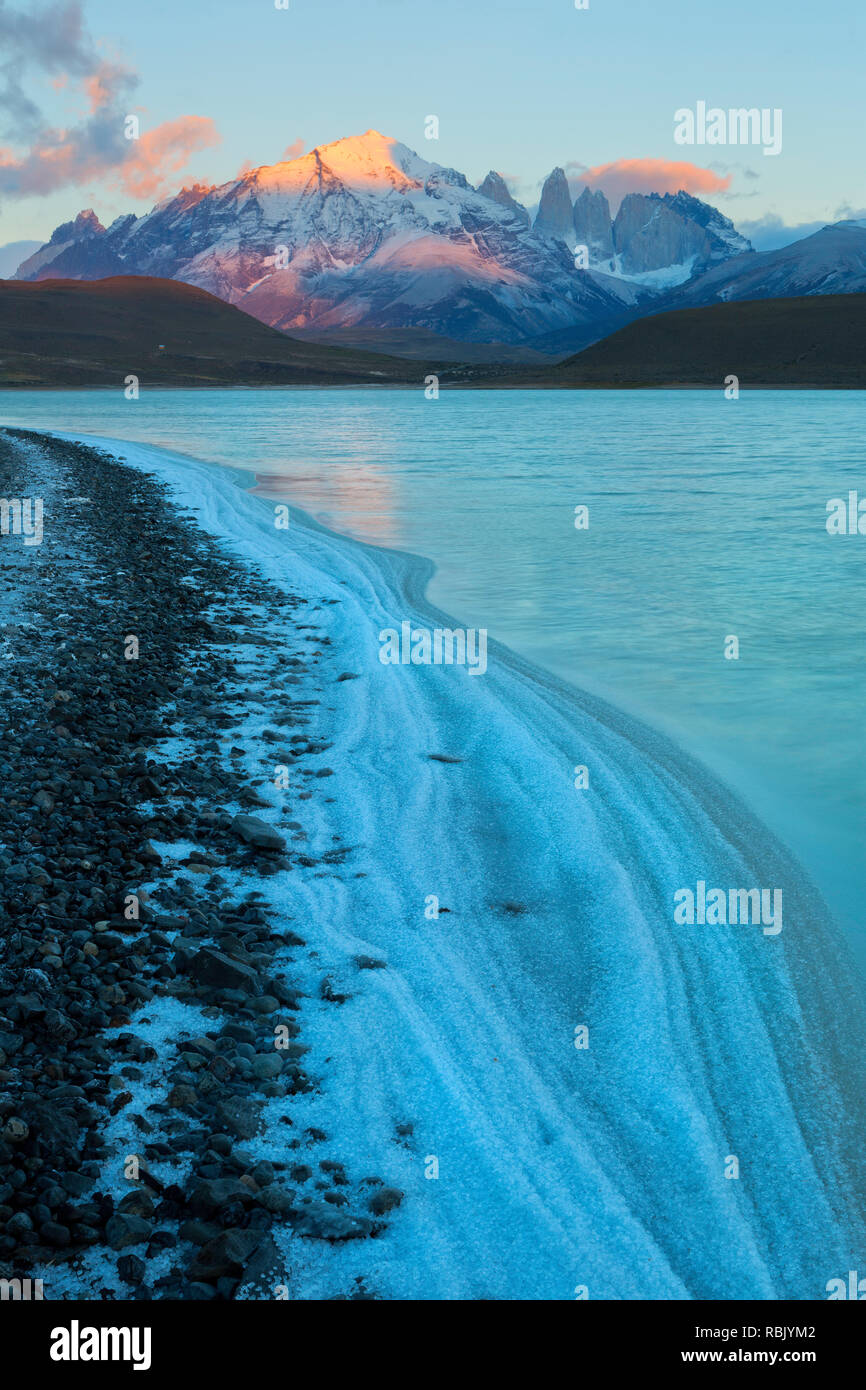 Salt and stone along the shore of a beach in Patagonia, Chile and the ...