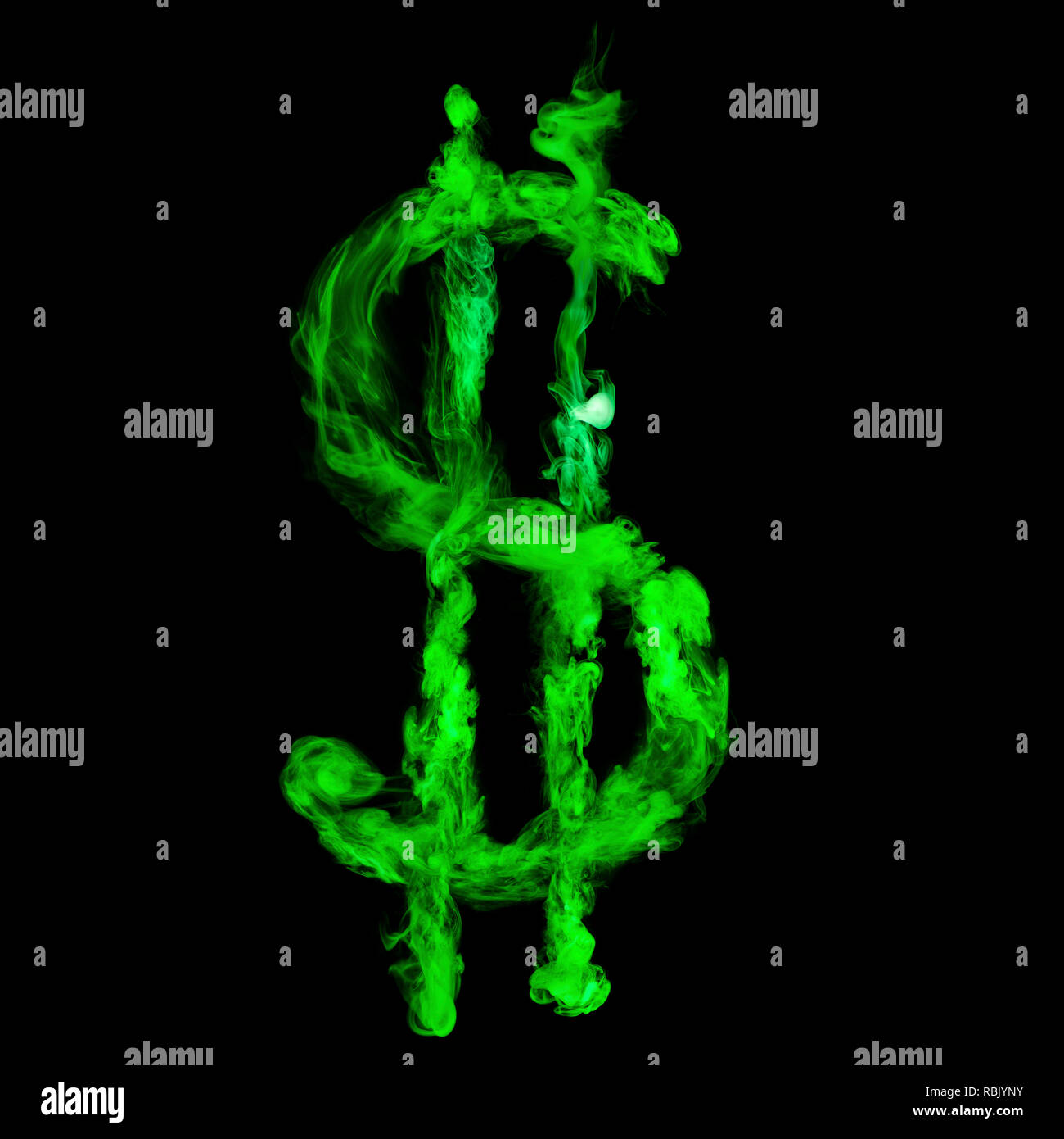 dollar sign from green colorful smoke isolated on black background ...