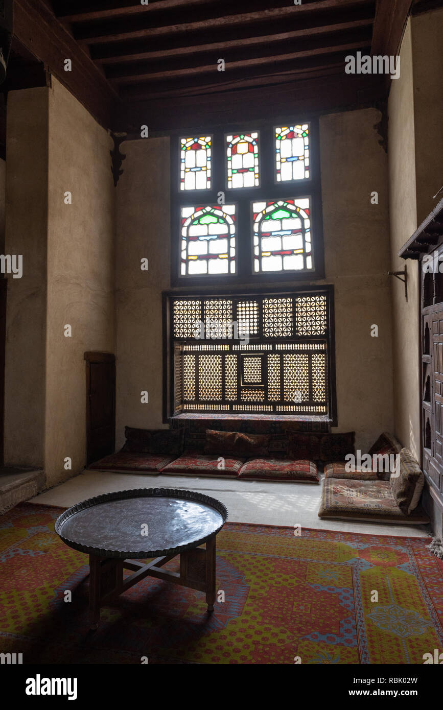 Interior room with mashrabiya windows in the Bayt Al-Suhaymi, House of ...
