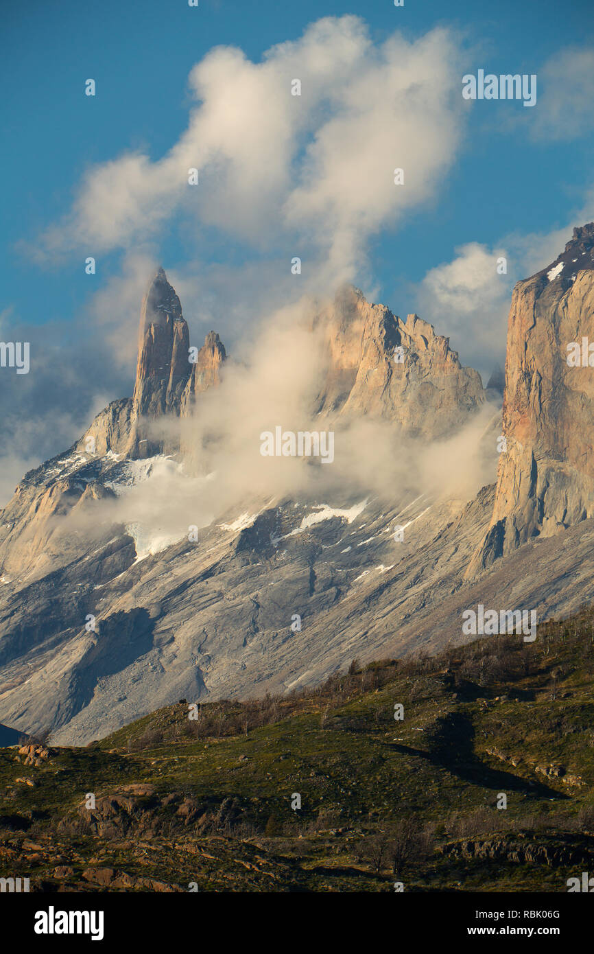 Spires rise in Torres Del Paine National Park in Chile Stock Photo - Alamy