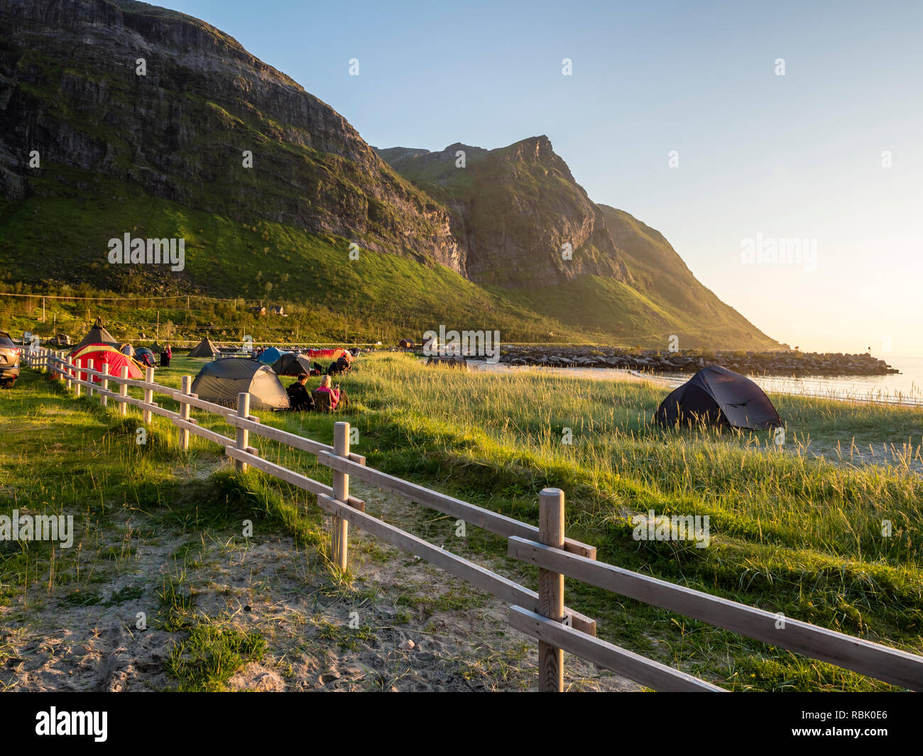 Beach Ersfjordstranden, fjord Ersfjord, public recreation area, people ...