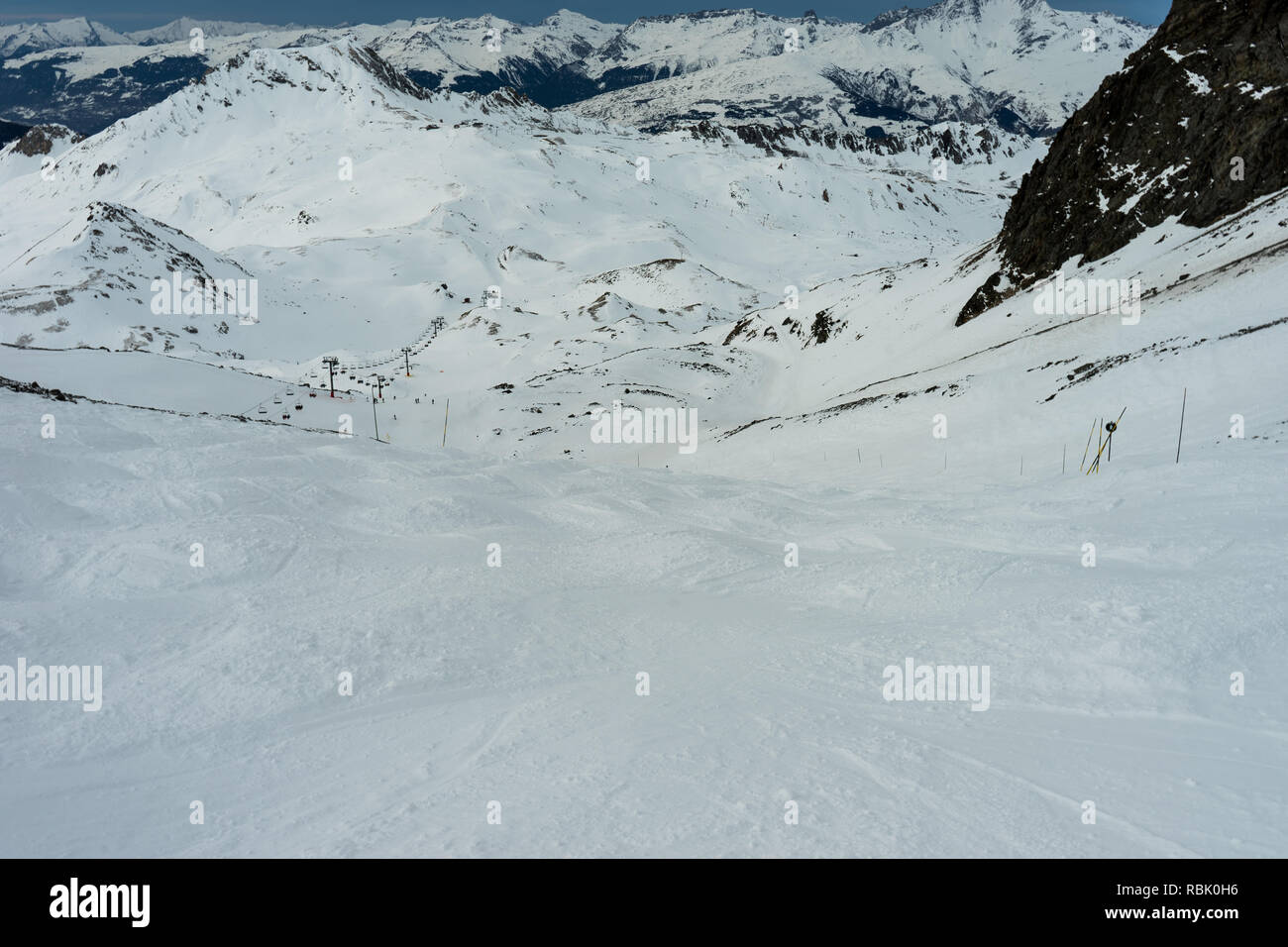 Looking down a black diamond mogul field in Les Arcs, France Stock ...