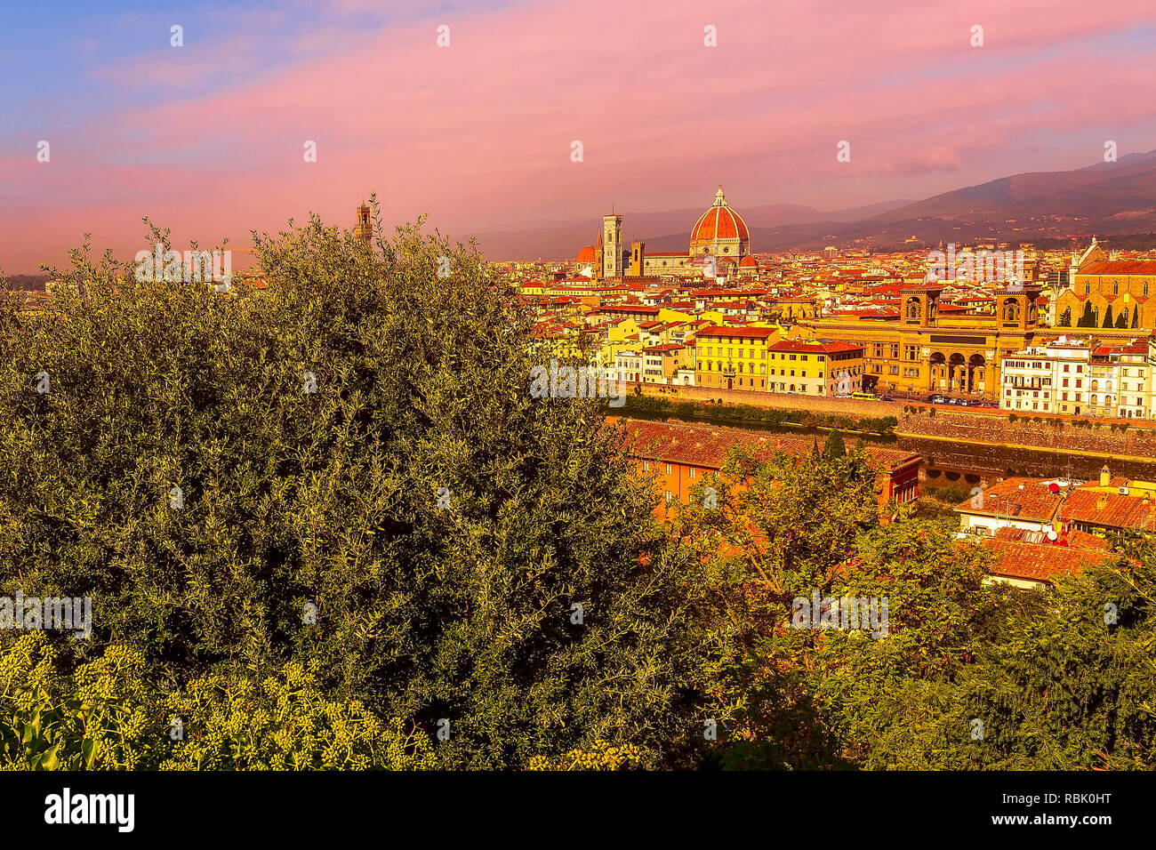 Colorful purple sunset city view with houses and Duomo dome, Florence ...