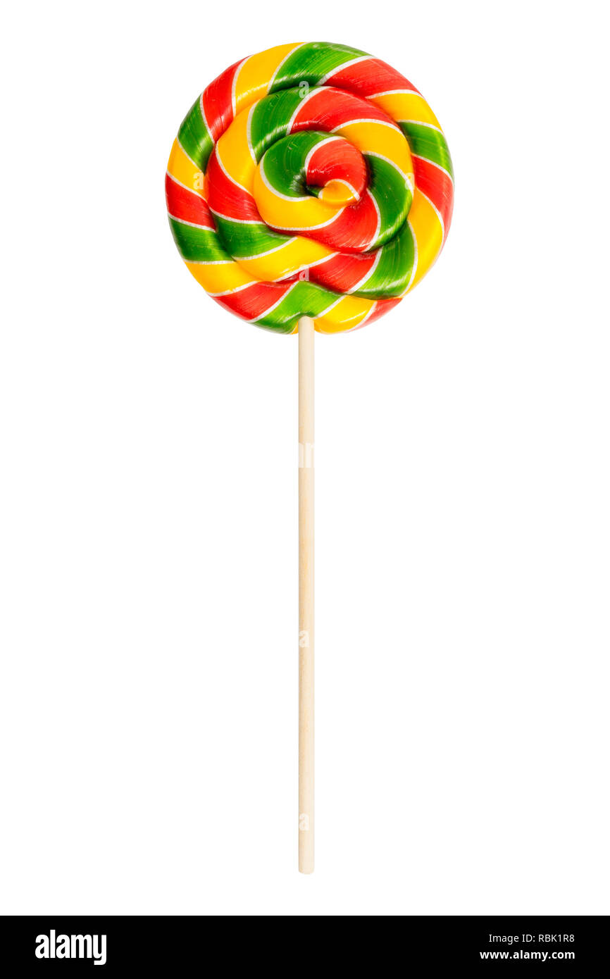 Colorful spiral lollipop isolated on white background. Red green yellow ...