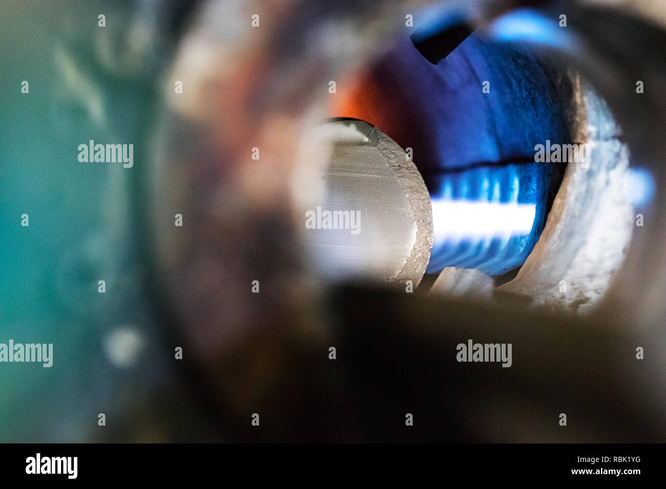Detail of the entrance of a aluminium log furnace before the extrusion ...