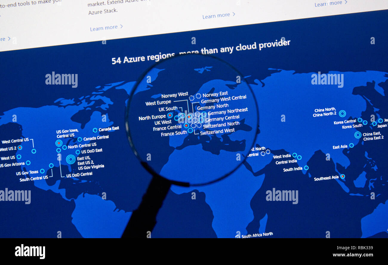 MONTREAL, CANADA - JANUARY 10, 2019: Microsoft Azure regions map on a ...