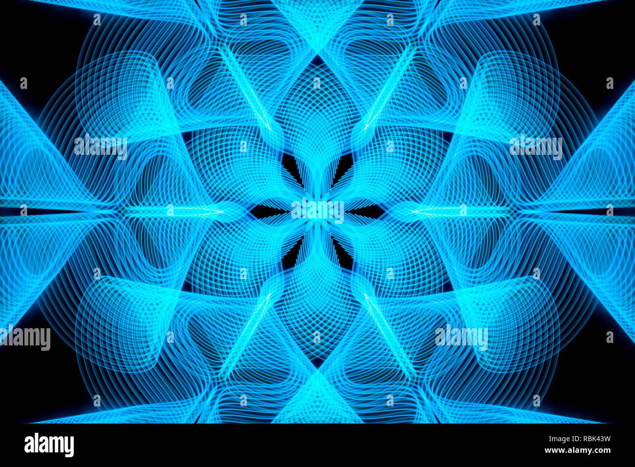 Abstract Motion Graphics With Colored Blue Spirals And Fractals On A Black Background