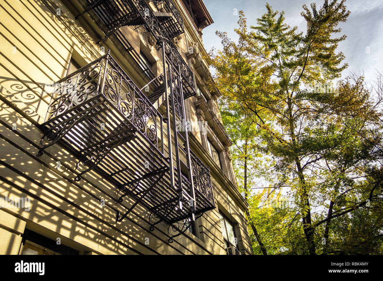 New York classic fasade with staircase and colorful tree in fall season ...