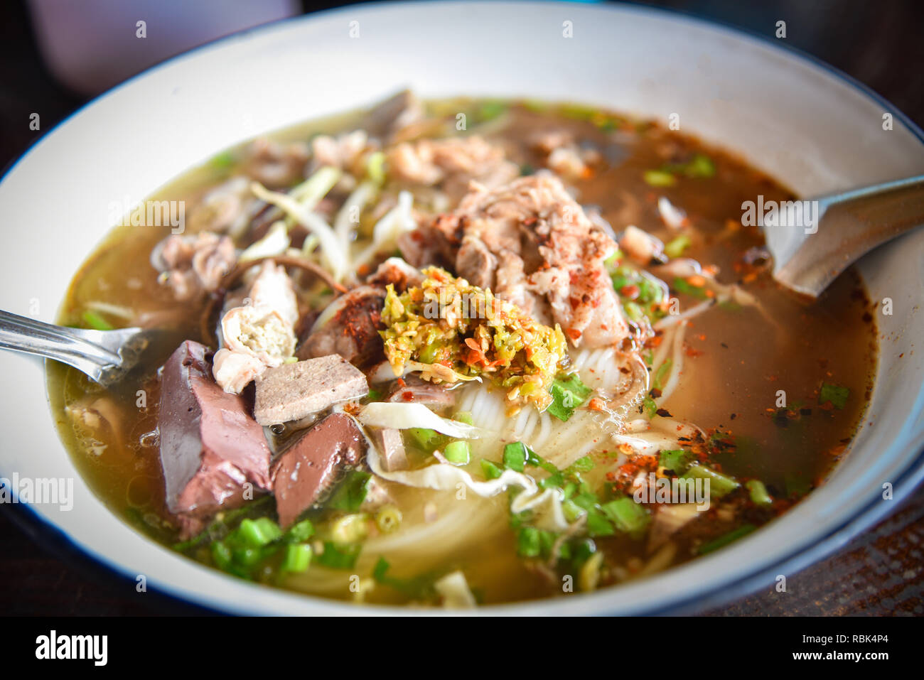 delicious noodles bowl / close up of vermicelli noodles soup spicy with ...