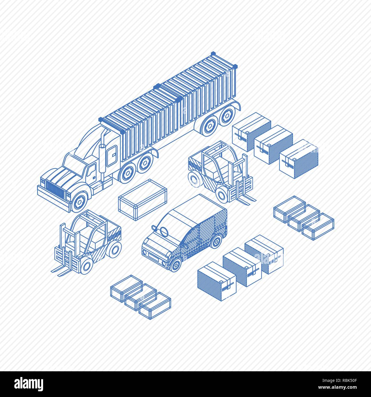 Isometric set of simple blue icons for transport and package on white ...