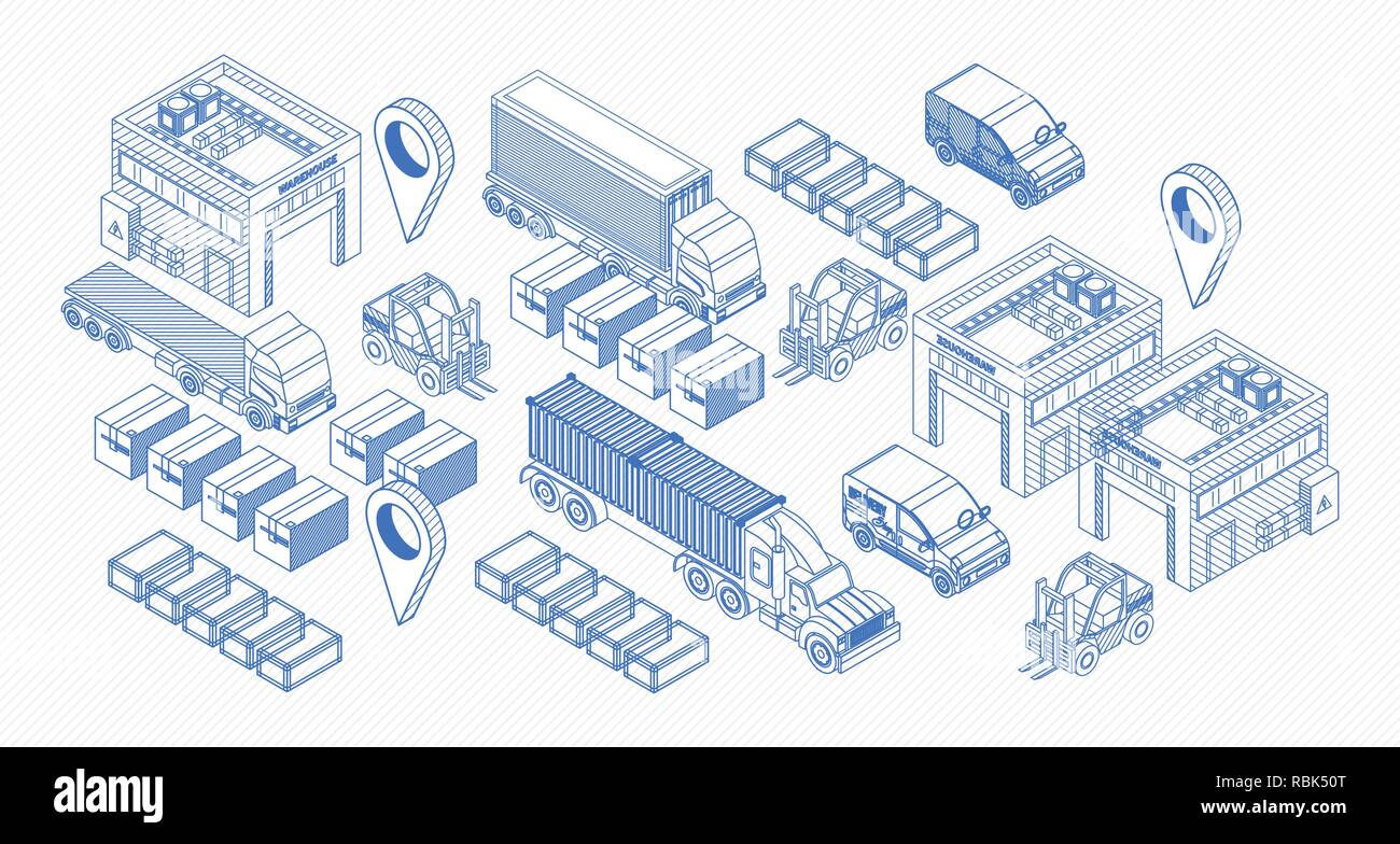 Set of isometric blue icons and elements showing trucks and warehouse ...