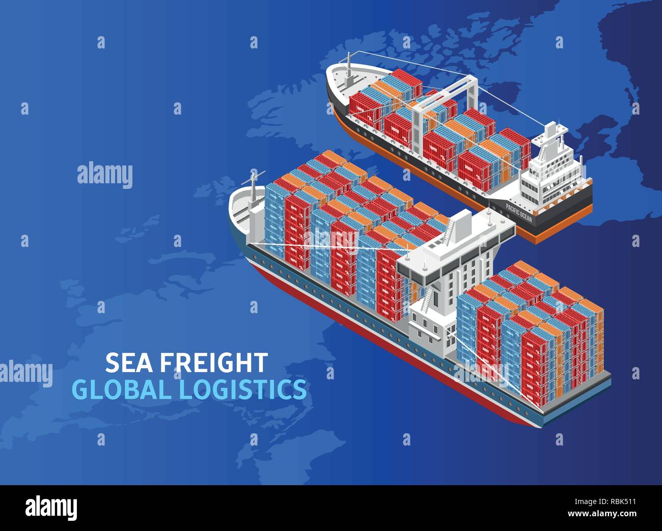 Two various ships located over world map as illustration of sea freight ...