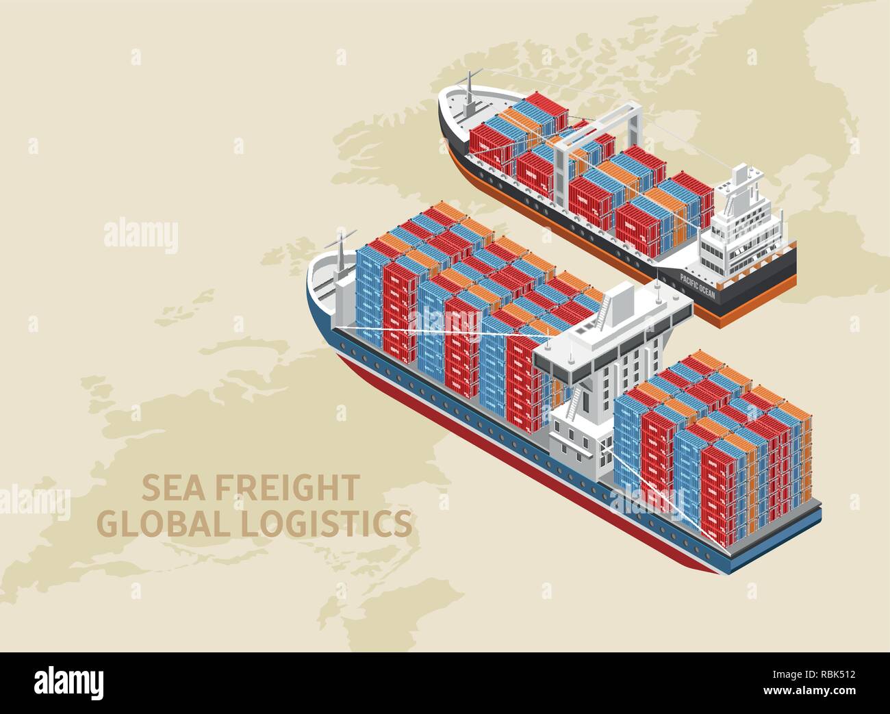 Two freight vessels located over world map as part of global logistics ...