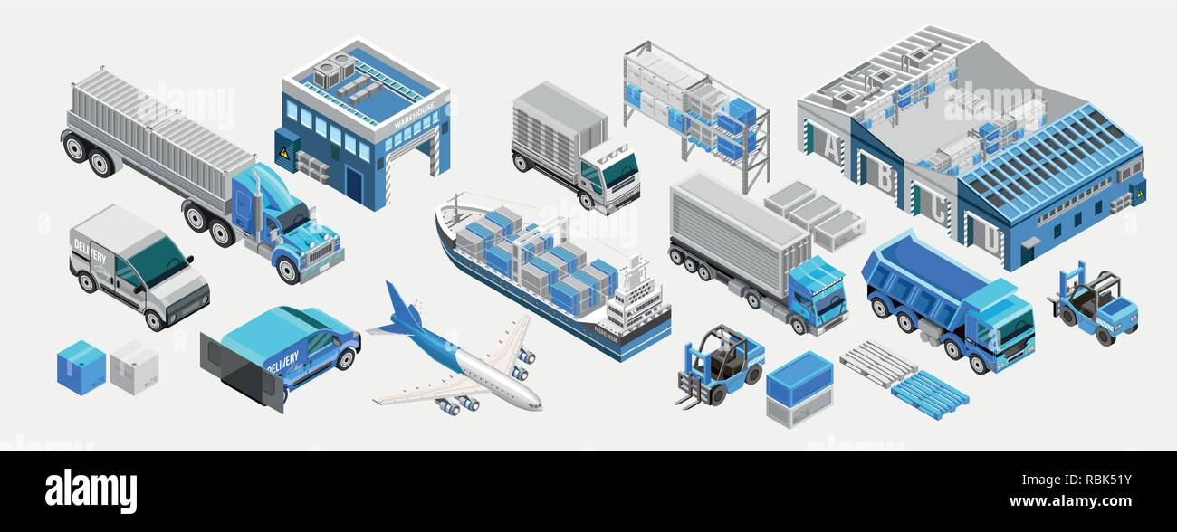 Set of assorted freight transport and storage facilities of blue color ...