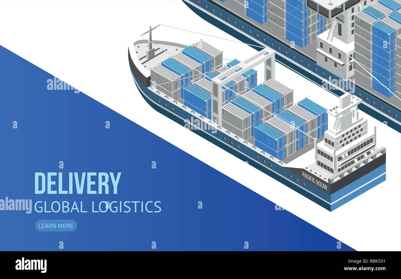 Creative webpage design with isometric freight ship and information ...