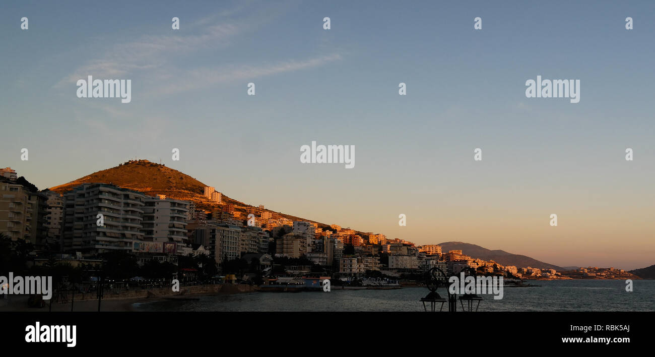 Sunset Panoramic view to Saranda city ,Lekuresi Castle and bay of ...