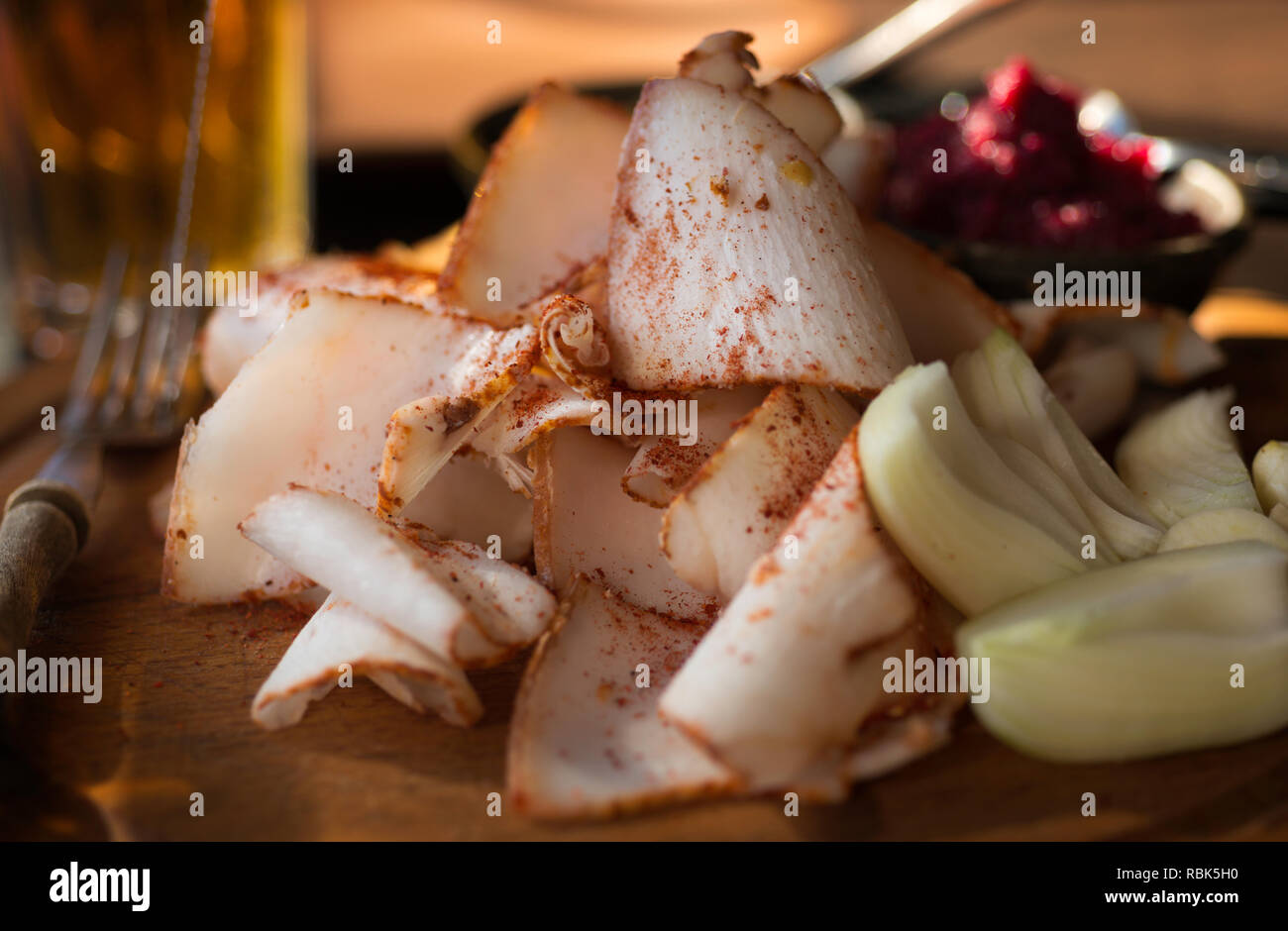 sliced salo, typical Ukrainian popular local food, Ukraine Stock Photo ...