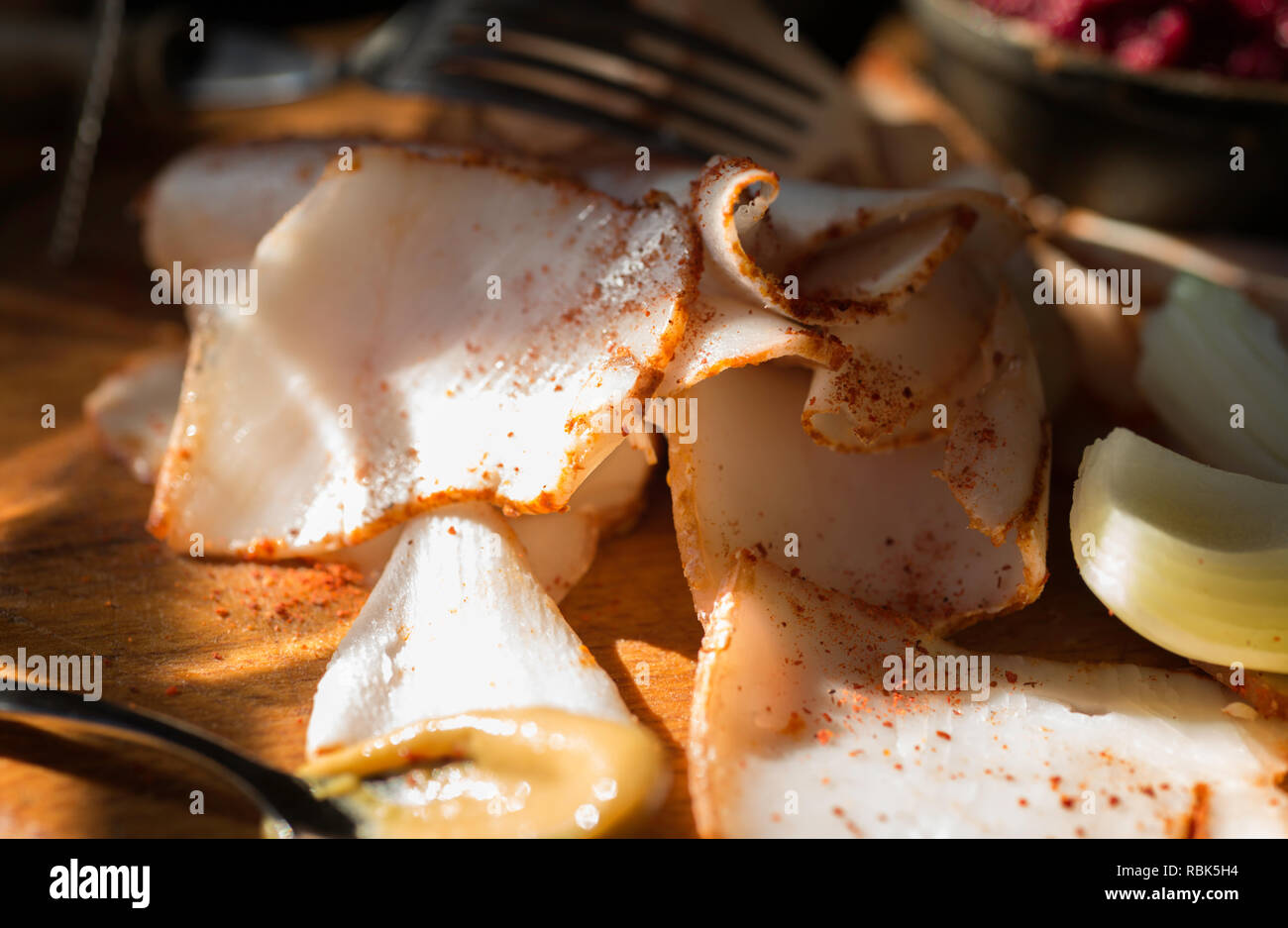 sliced salo, typical Ukrainian popular local food, Ukraine Stock Photo ...