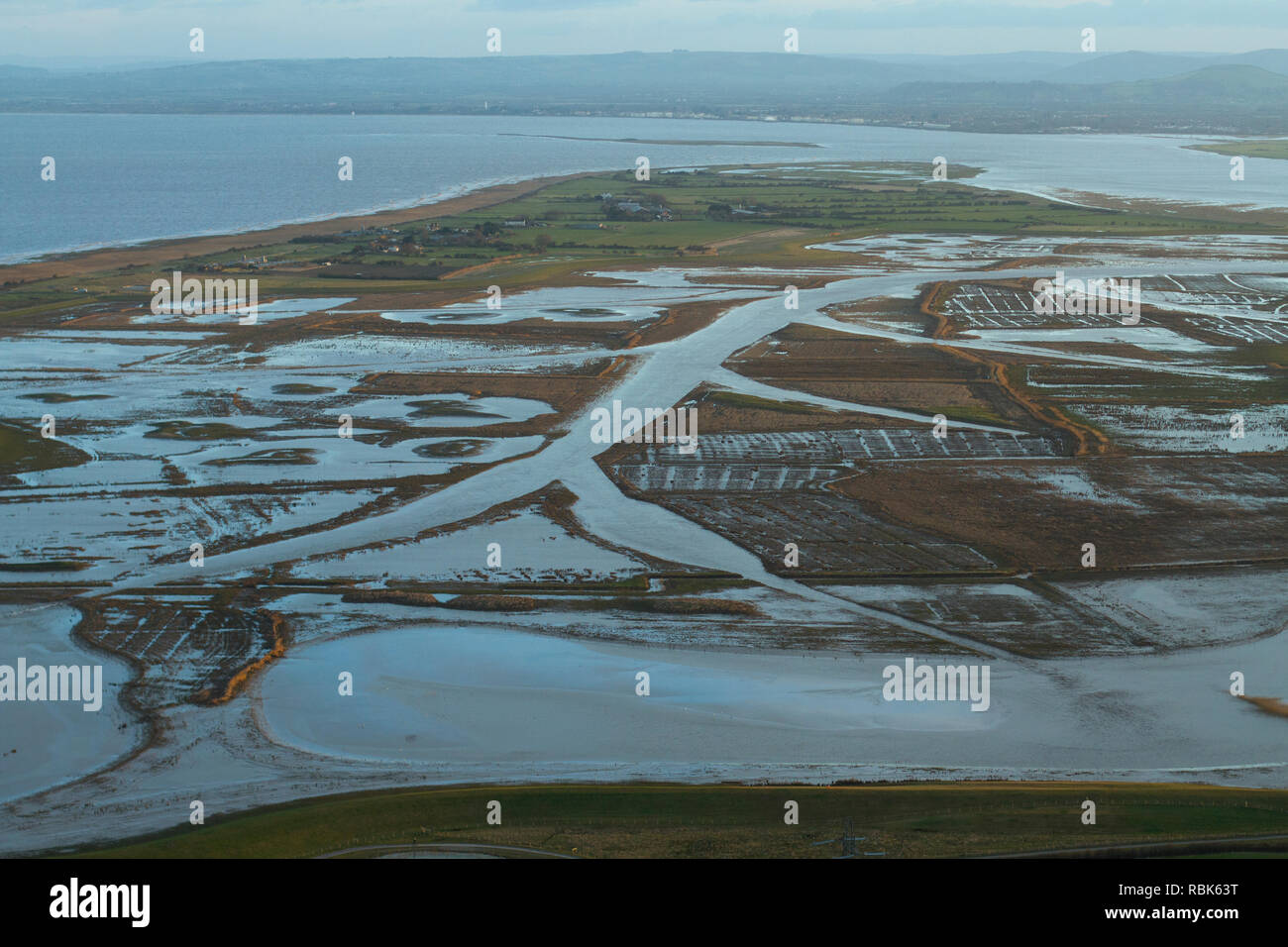 Aerial view of Steart Marshes Wildfowl and Wetland Trust Nature Reserve ...