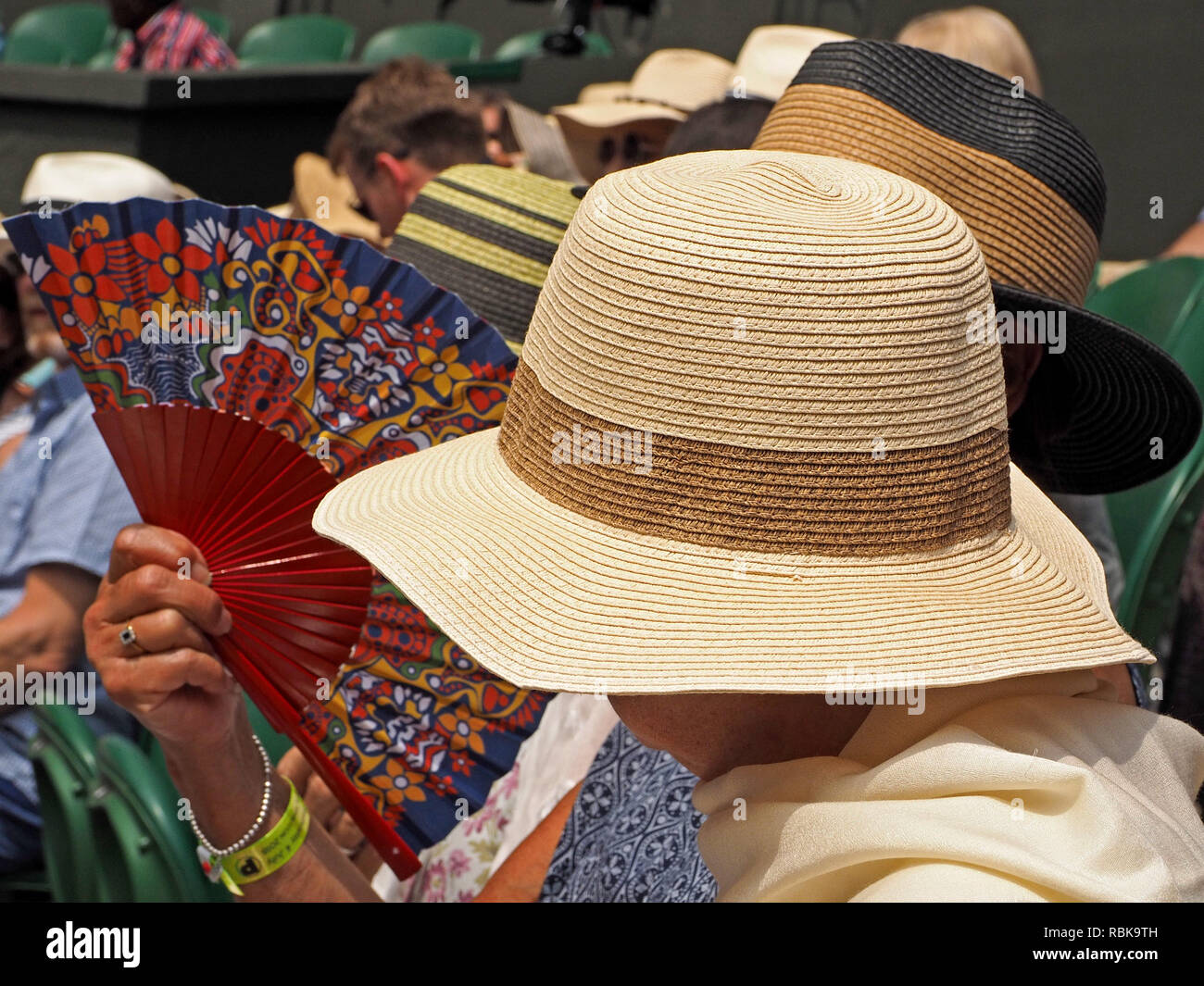 line of straw hats on male and female spectators in the crowd at a ...