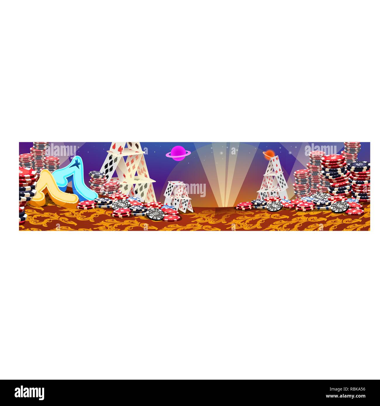 Poster with images of card houses and stacks of game chips. Vector ...
