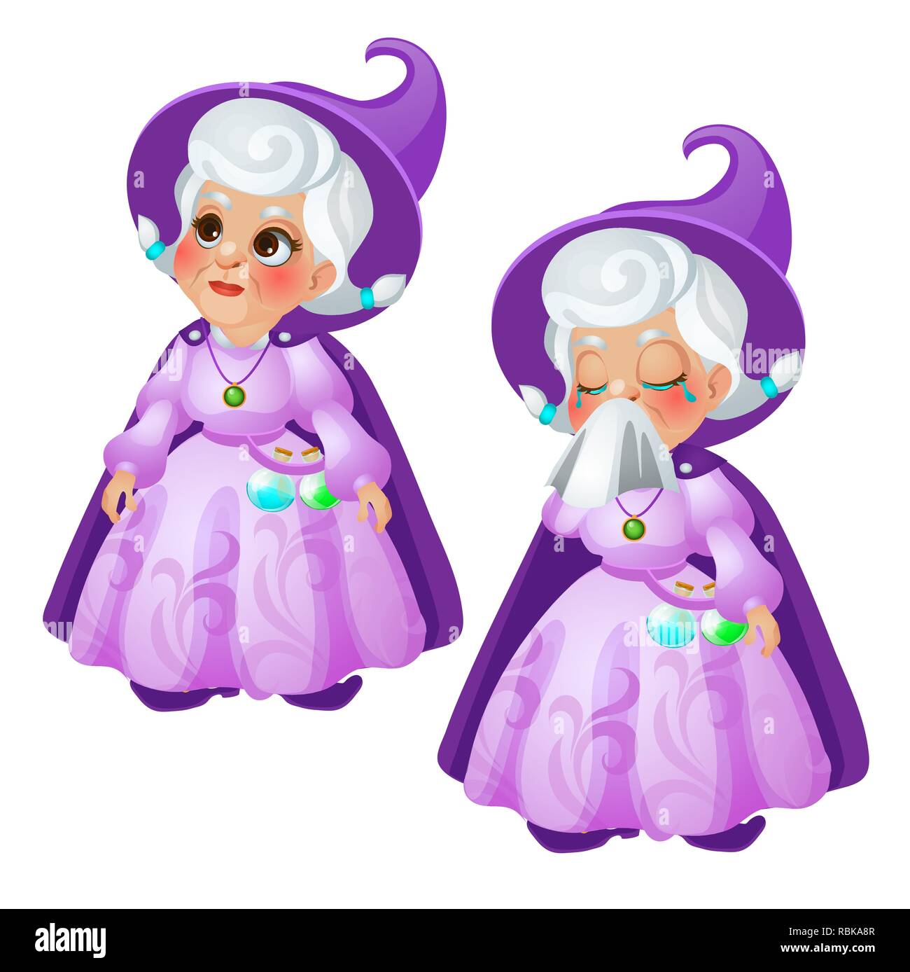An elderly woman fairy in a purple suit and hat is crying isolated on ...