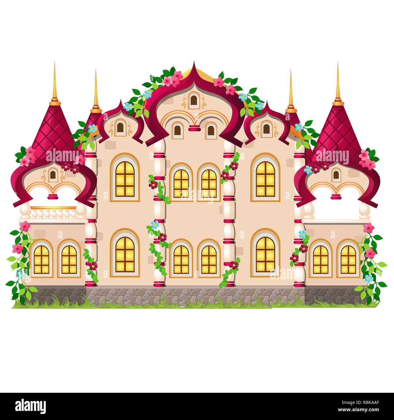 Fairytale castle festively decorated with flowers isolated on white ...