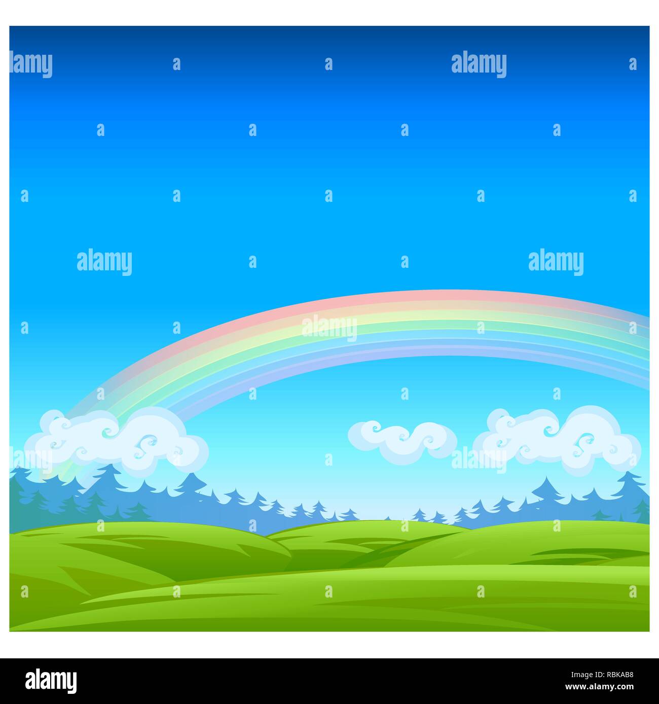 Landscape with coniferous forest on the horizon, clouds, rainbow and ...