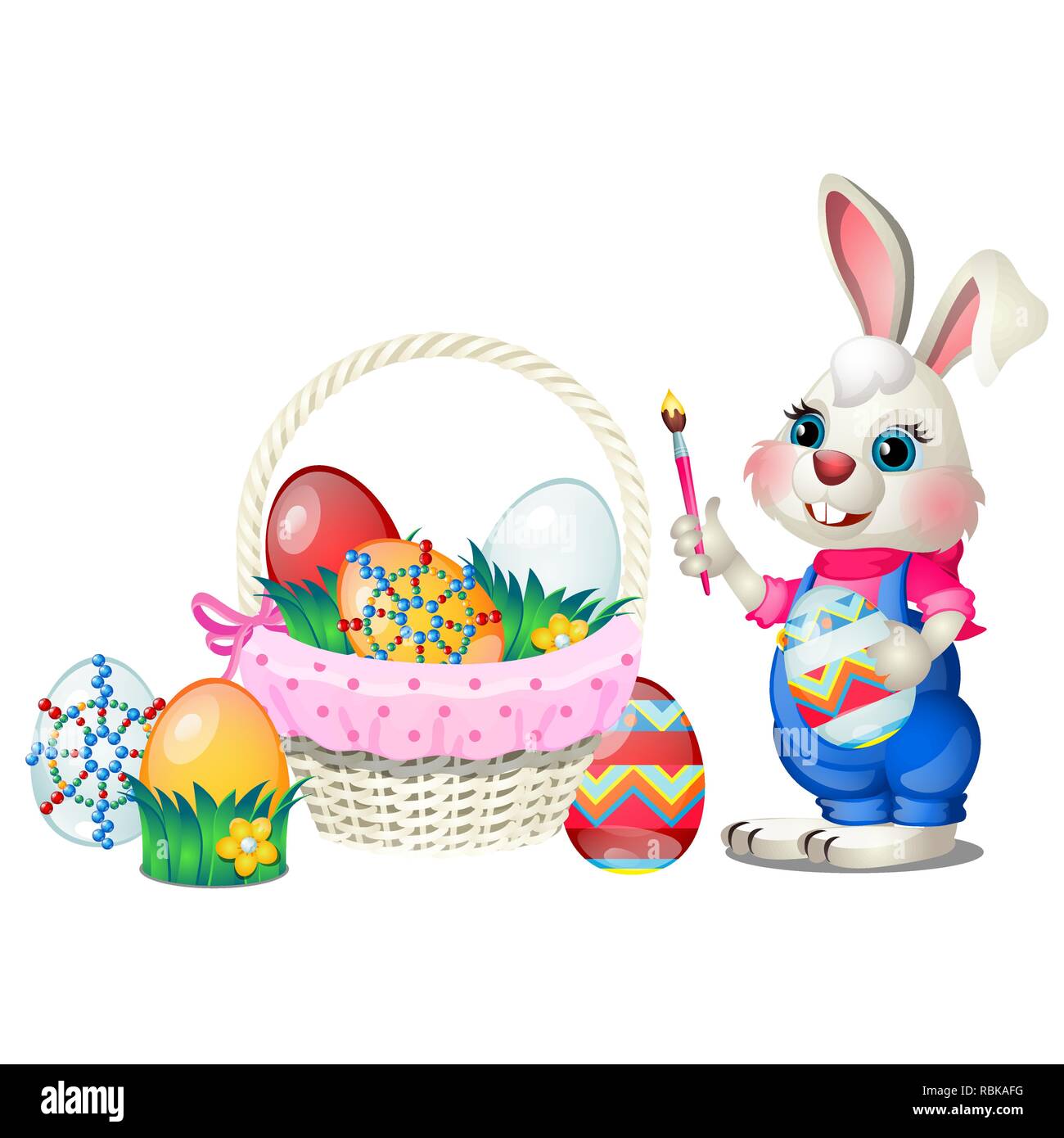 Set of colorful Easter eggs with patterns and funny animated bunny ...