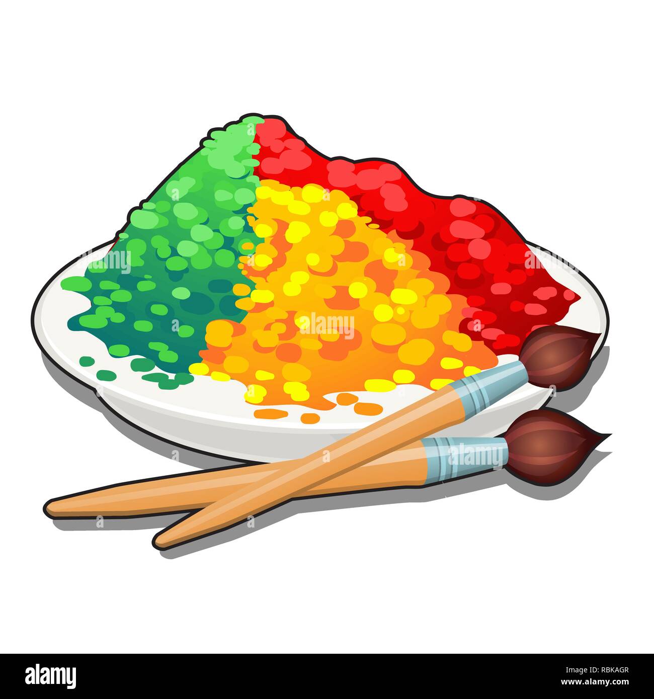 A set of colored food dyes in a plate and two brushes isolated on white ...