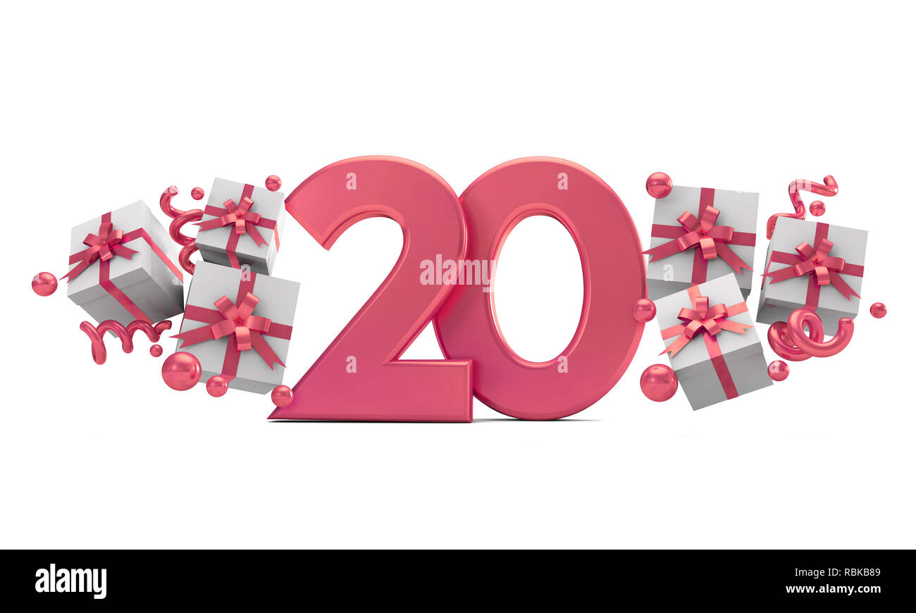 Number 20 pink birthday celebration number with gift boxes. 3D ...