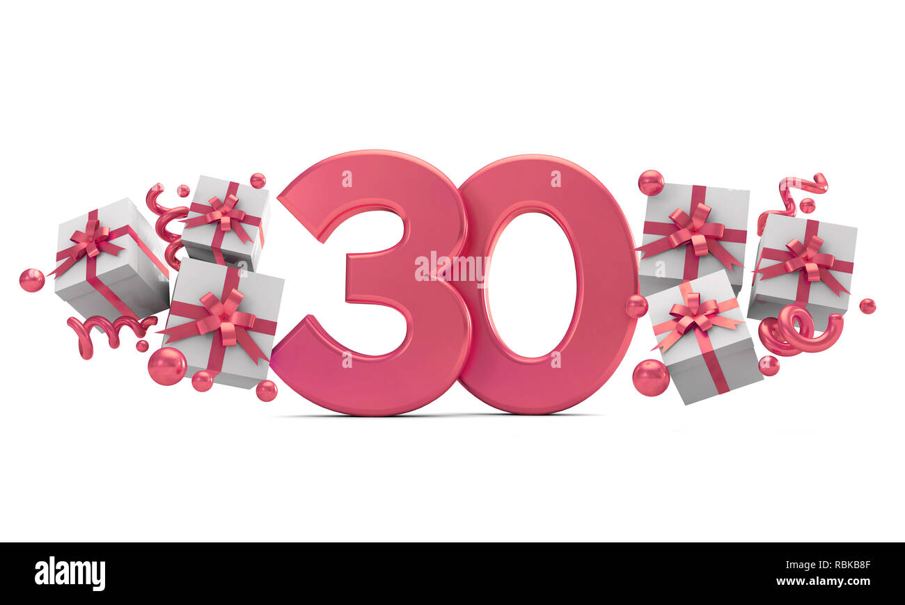Number 30 pink birthday celebration number with gift boxes. 3D ...