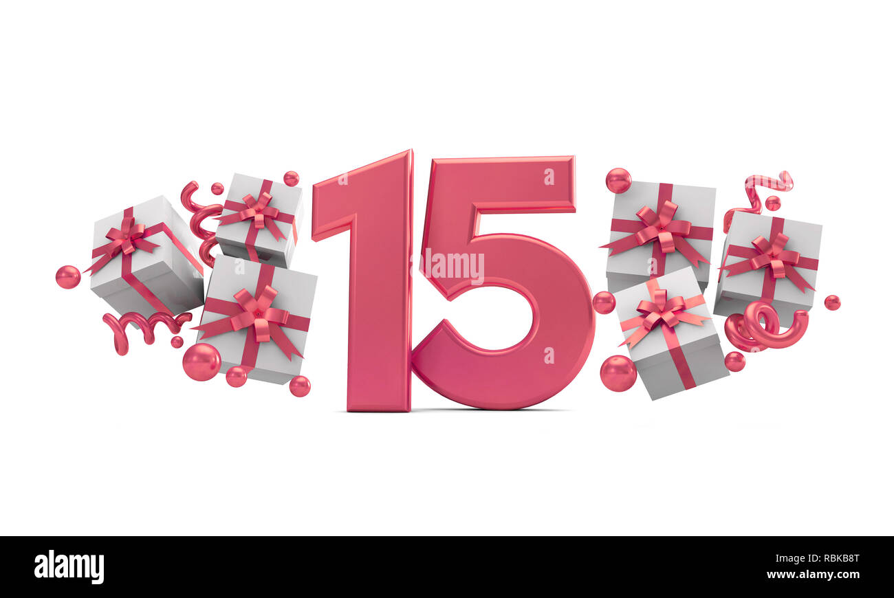 Number 15 pink birthday celebration number with gift boxes. 3D ...