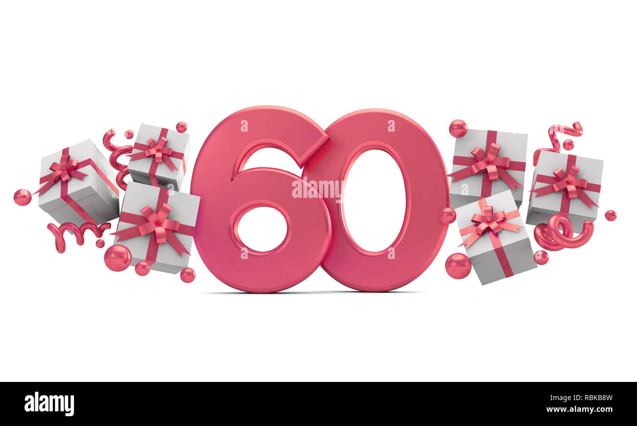 Number 60 pink birthday celebration number with gift boxes. 3D ...