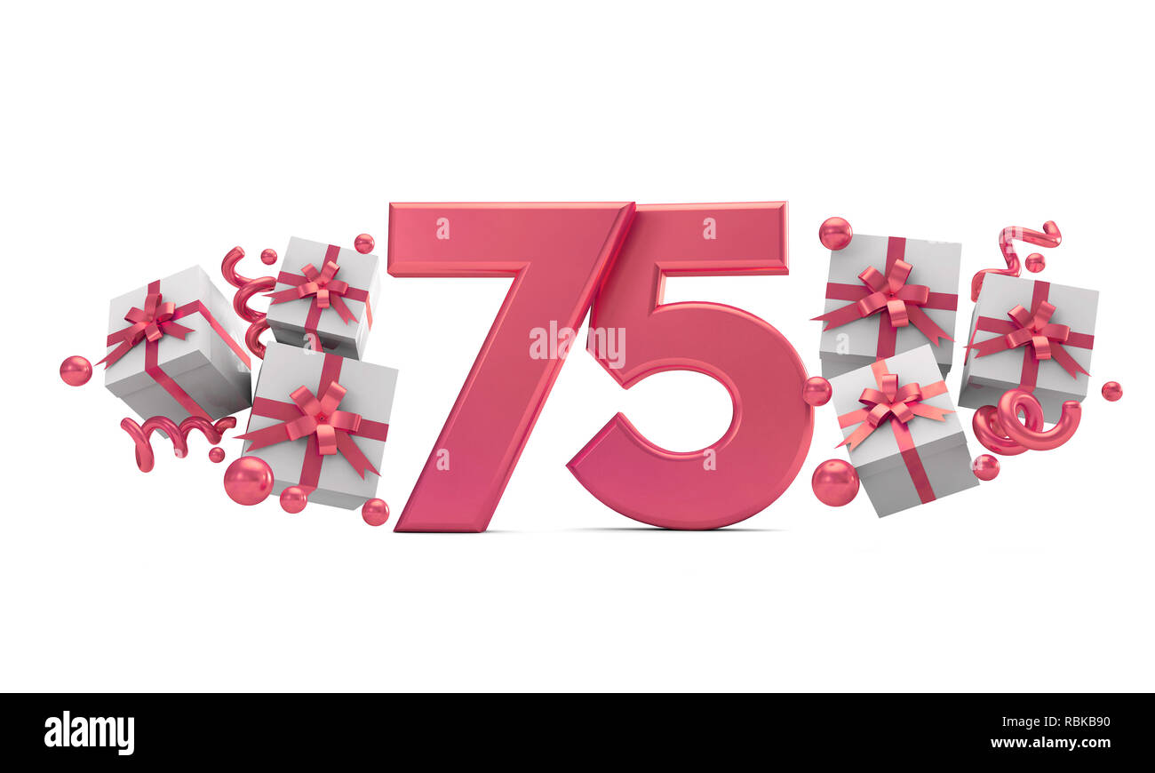Number 75 pink birthday celebration number with gift boxes. 3D ...