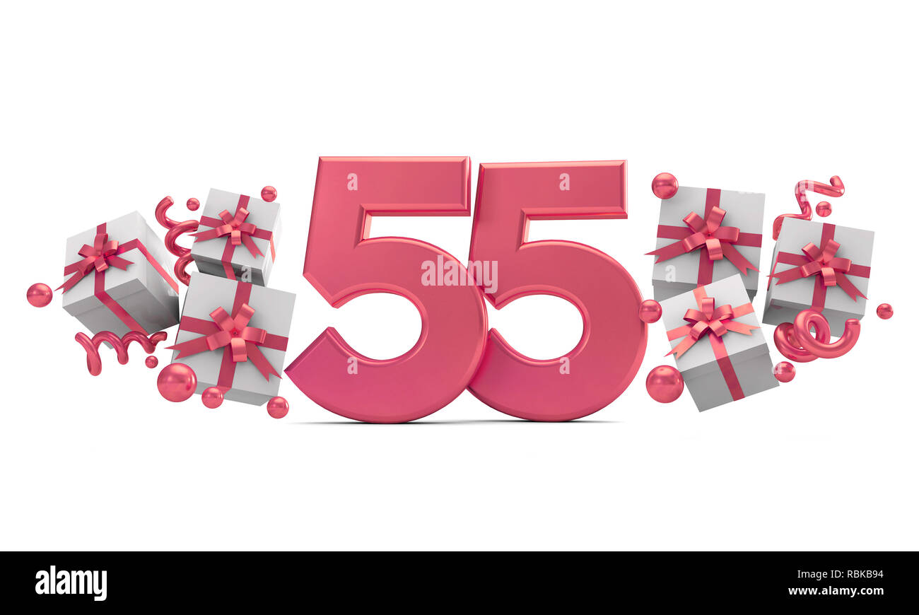 Number 55 pink birthday celebration number with gift boxes. 3D ...