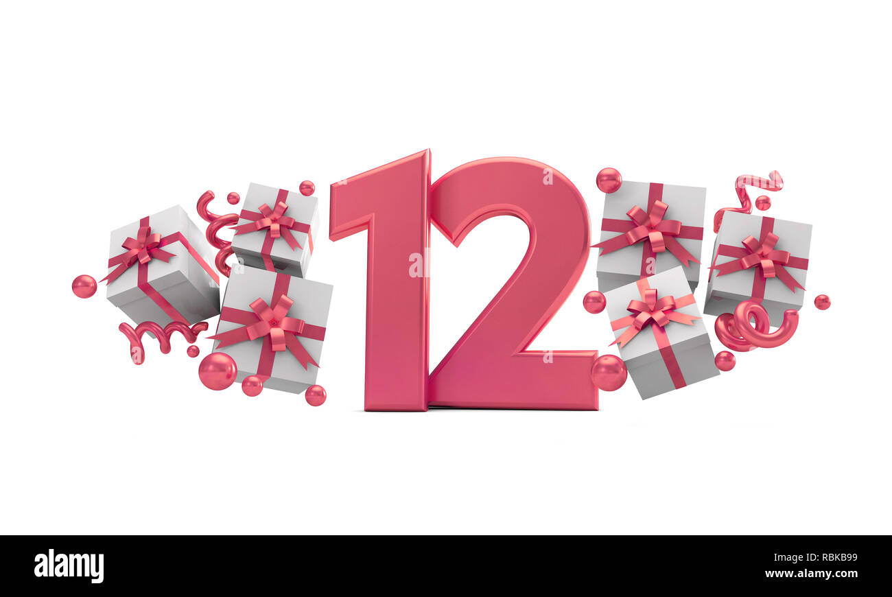 Number 12 pink birthday celebration number with gift boxes. 3D ...