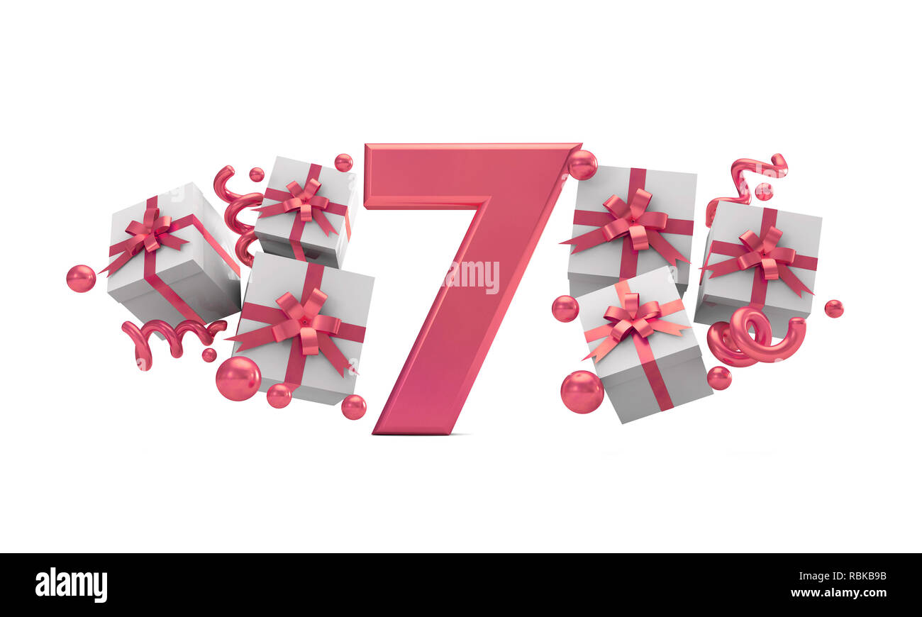 Number 7 pink birthday celebration number with gift boxes. 3D Rendering ...